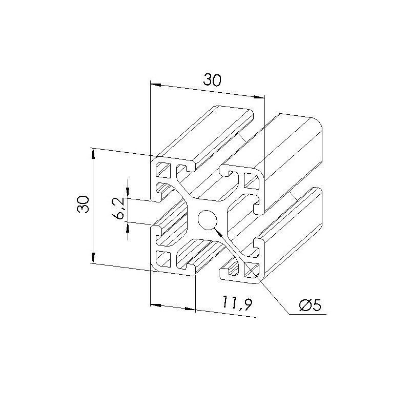Profilé aluminium 30x30 mm - rainure 6mm - léger - elcom shop