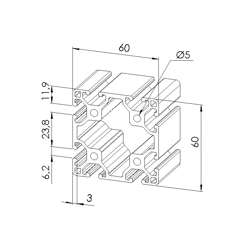 Profilé aluminium 60x60 mm – 6 mm - Léger - elcom shop